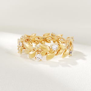 14k Solid Gold Leaf Wedding Ring • Olive Branch Vine Eternity Band for Women • Nature-inspired ...