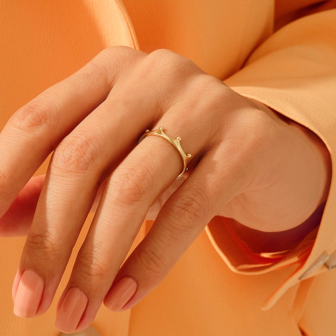 10k Real Gold Crown Band Solid Gold Statement Ring Dainty Stackable Rings for Women, Minimalist ...