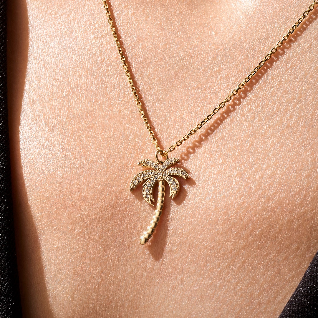Solid Gold Palm Tree Pendant, 14k Gold Summer Necklace for Women ...