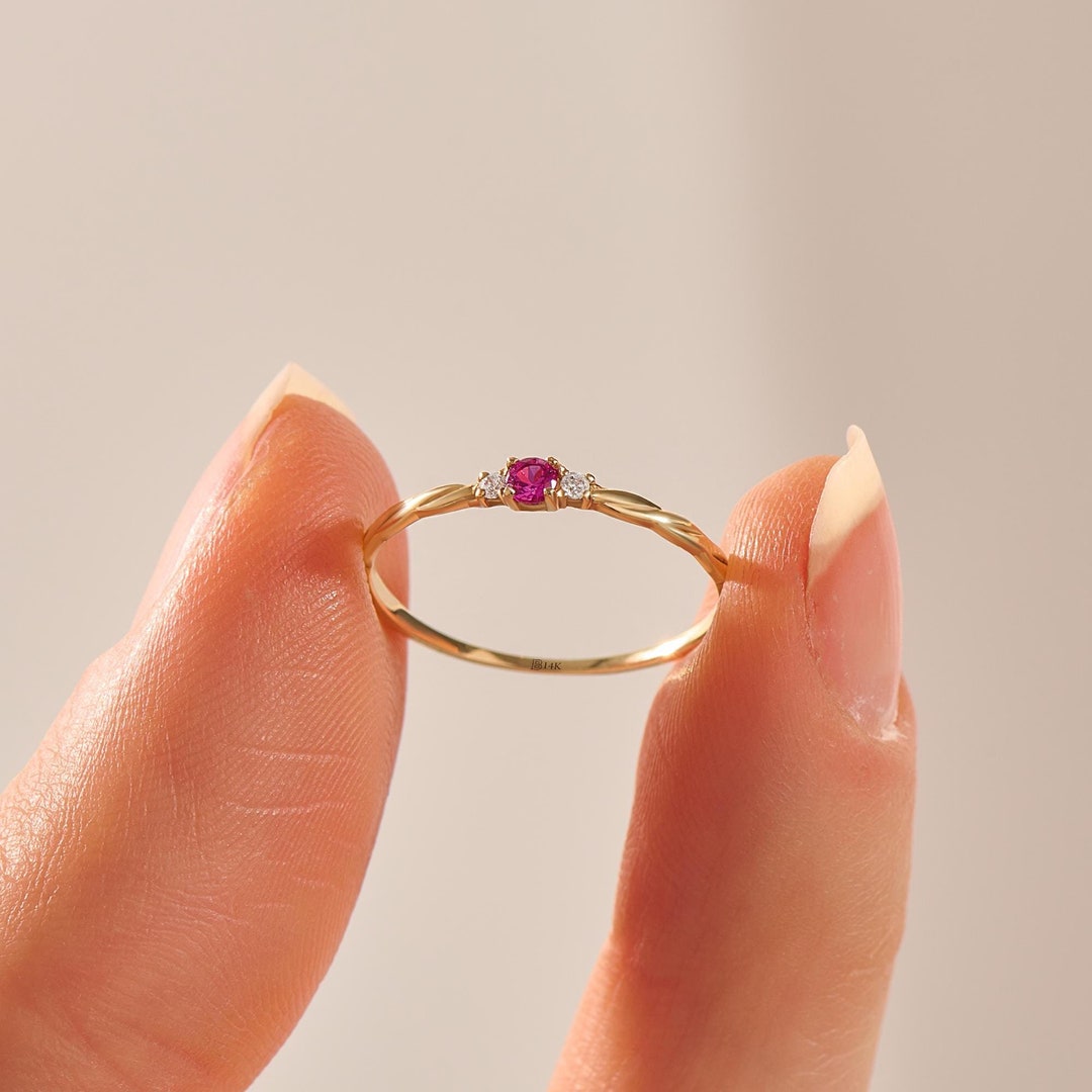 Solid Gold Tiny Ruby Ring, 14k Gold July Birthstone Ring for Women, Minimalist Ruby Ring Pink ...