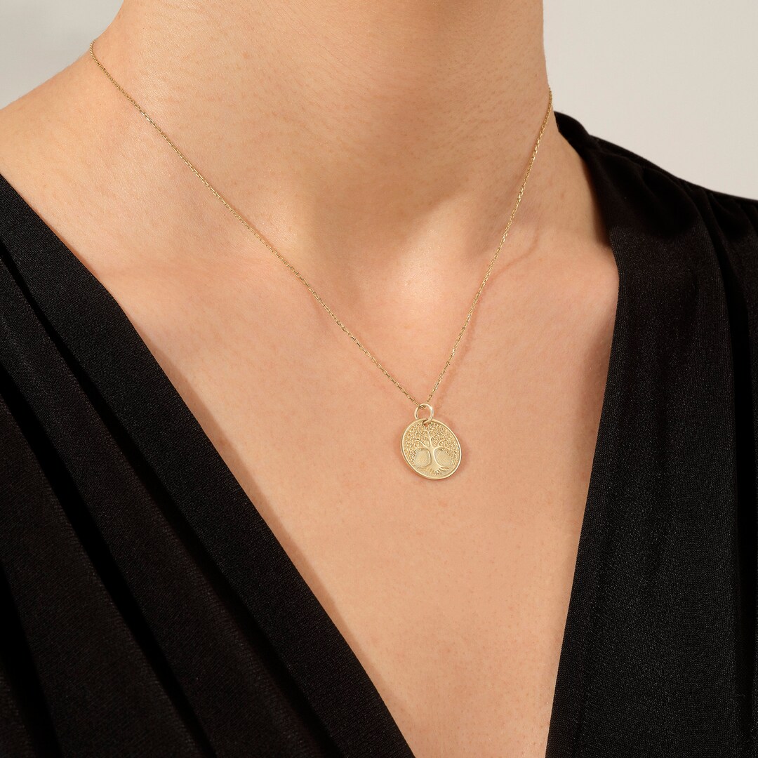 Tree of Life Coin Necklace 14k Solid Gold Family Tree - Etsy