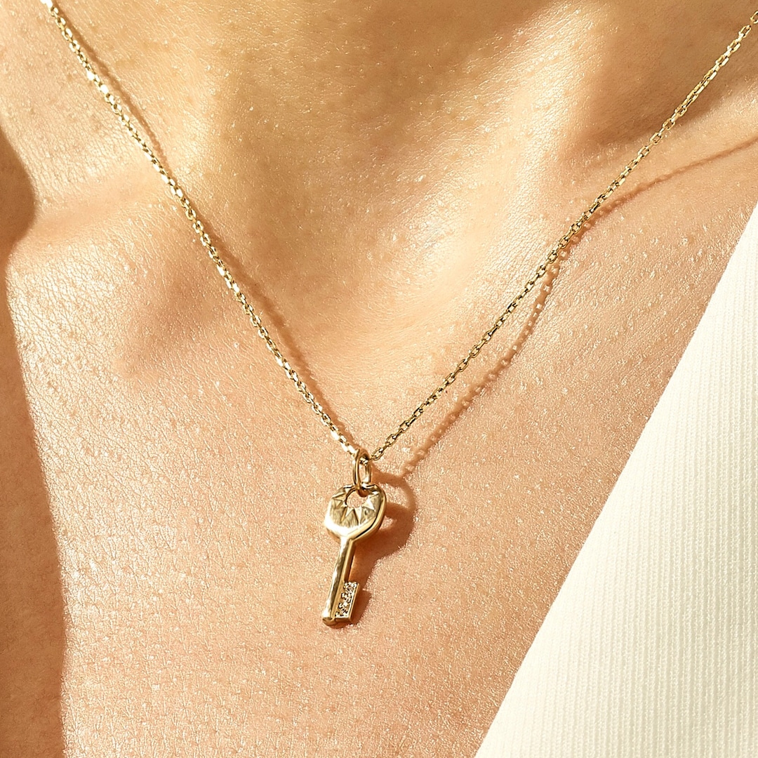 14k Solid Gold Key Pendant, Little Key Necklace, Chic Key to My Heart ...