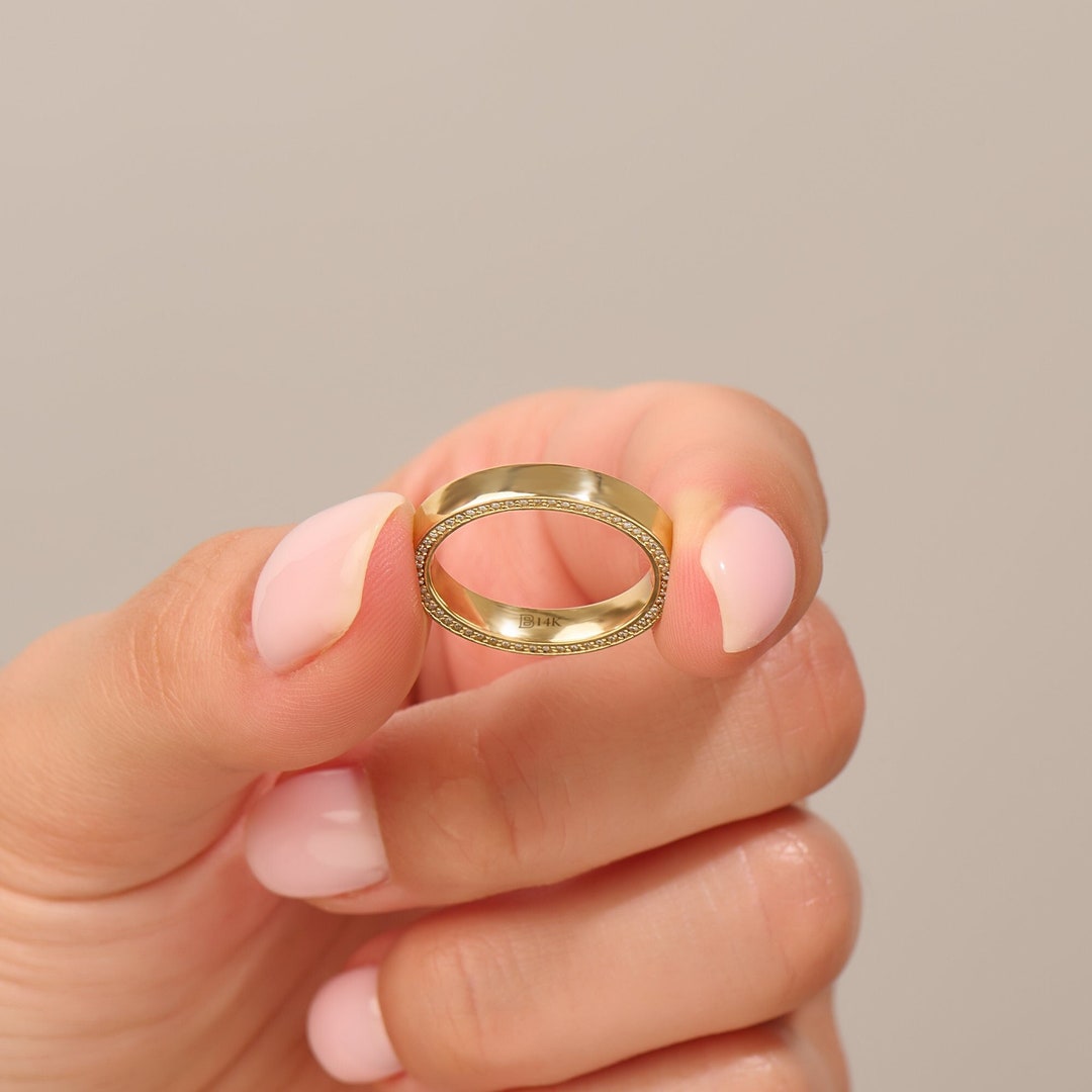 14k Hidden Pave Wedding Band, Solid Gold Flat Marriage Band, Thick ...