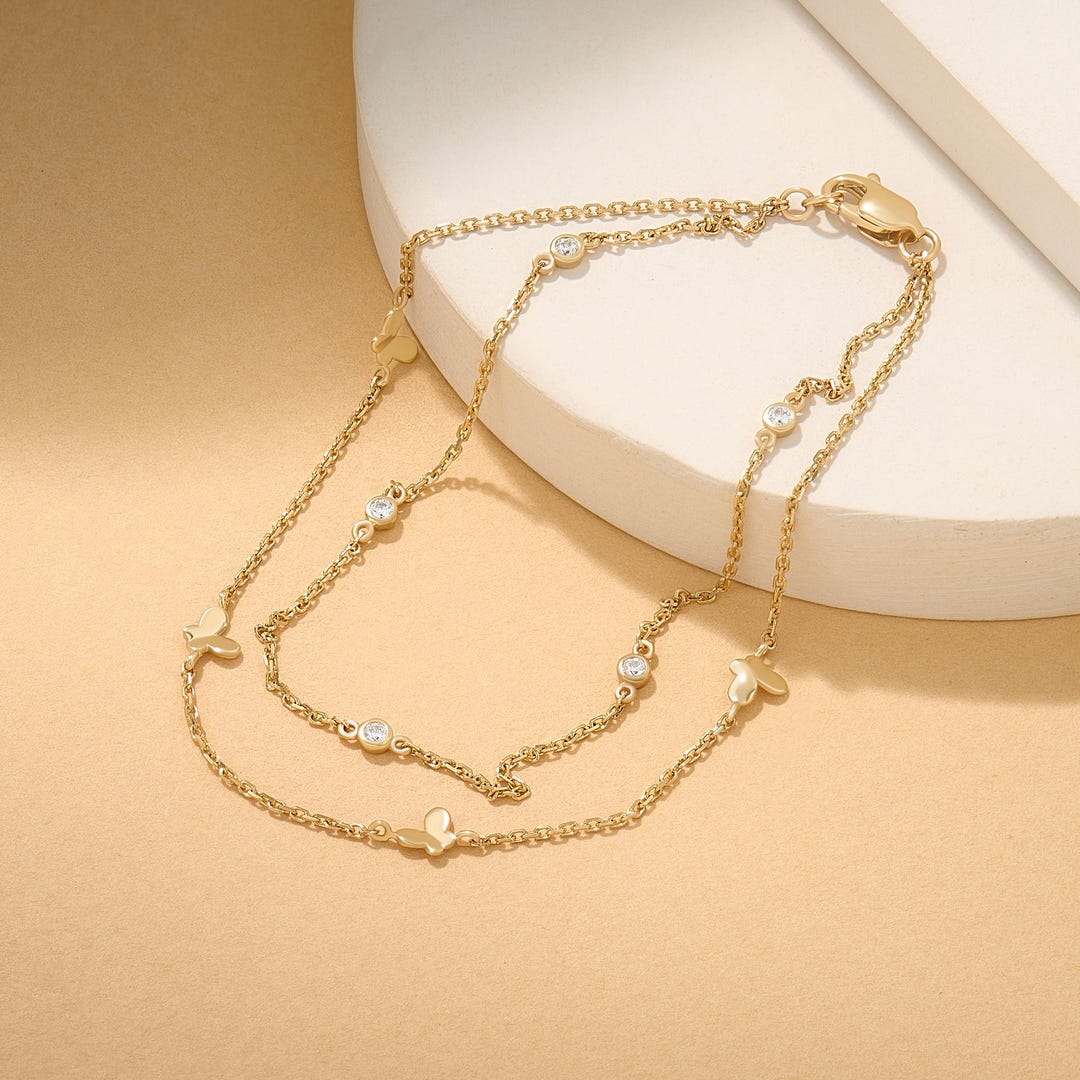 Double Chain Bracelet in 14k Solid Gold, Dainty Cz Layering Chain ...