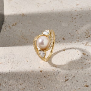 14k Gold Chunky Design Pearl Engagement Ring, Solid Gold Pearl ...