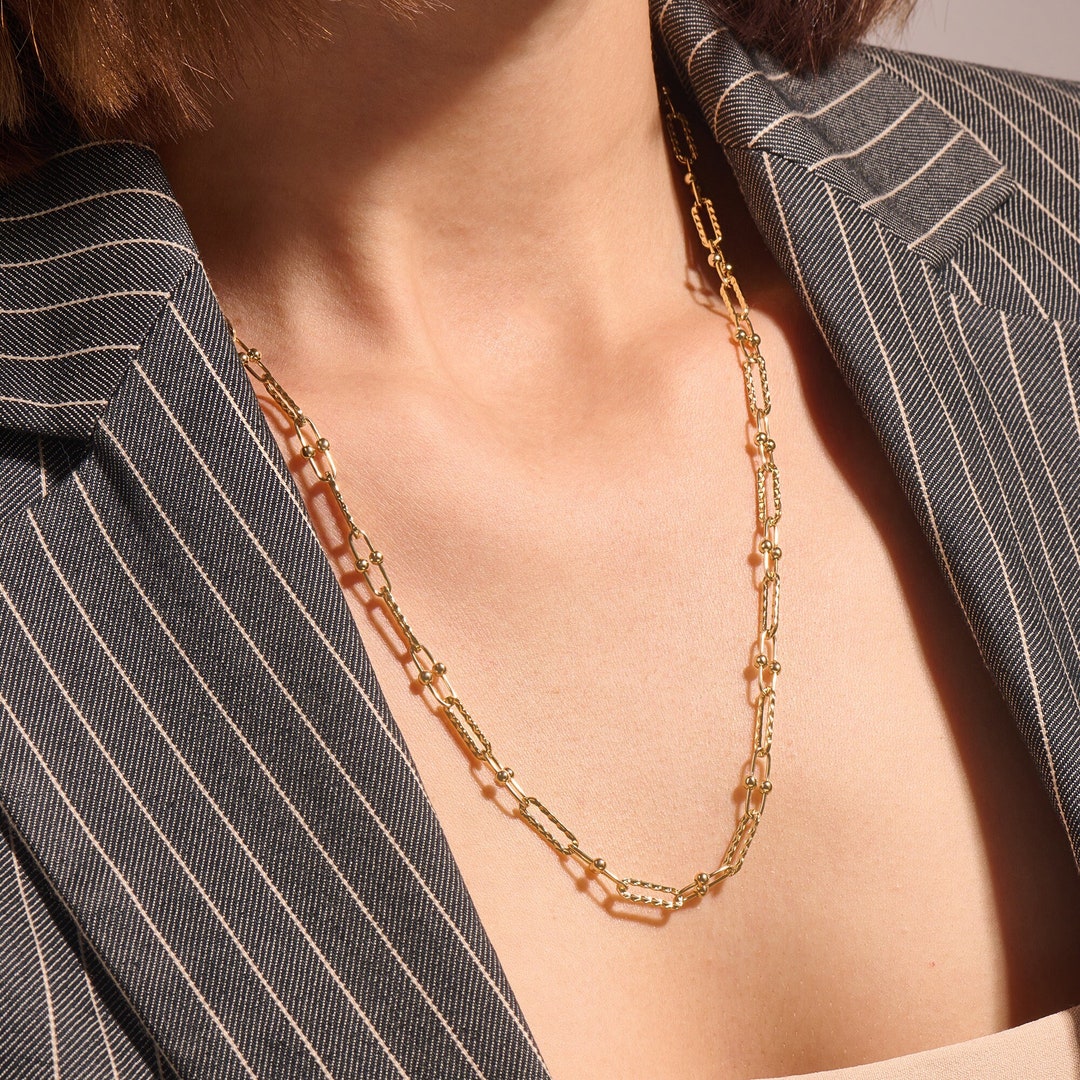 14k Gold Paperclip Necklace Solid Gold Link Chain Necklace - Etsy