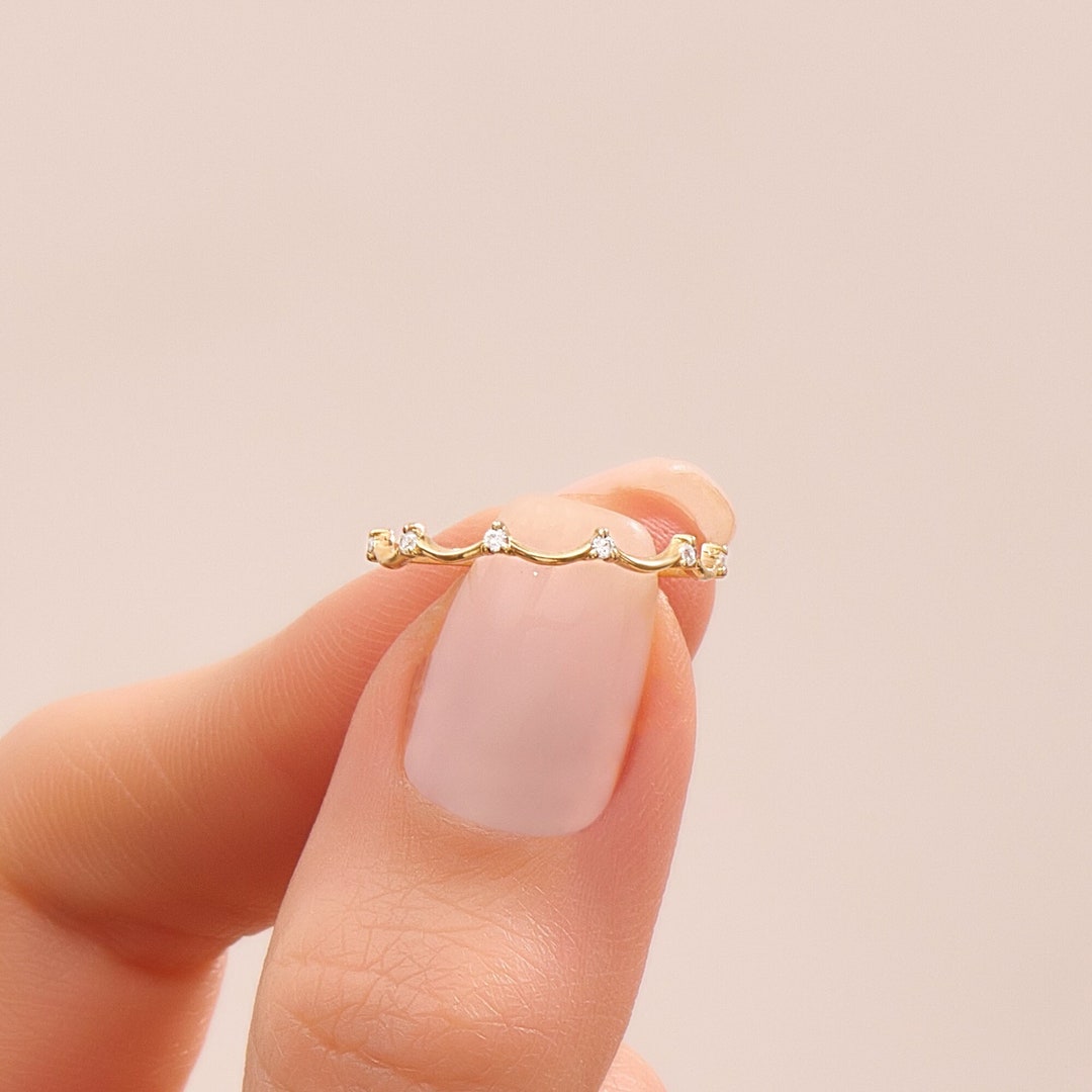 Ultra Thin Crown Ring, 14k Solid Gold Wavy Stacking Ring Women, Minimalist Layering Ring, Her ...