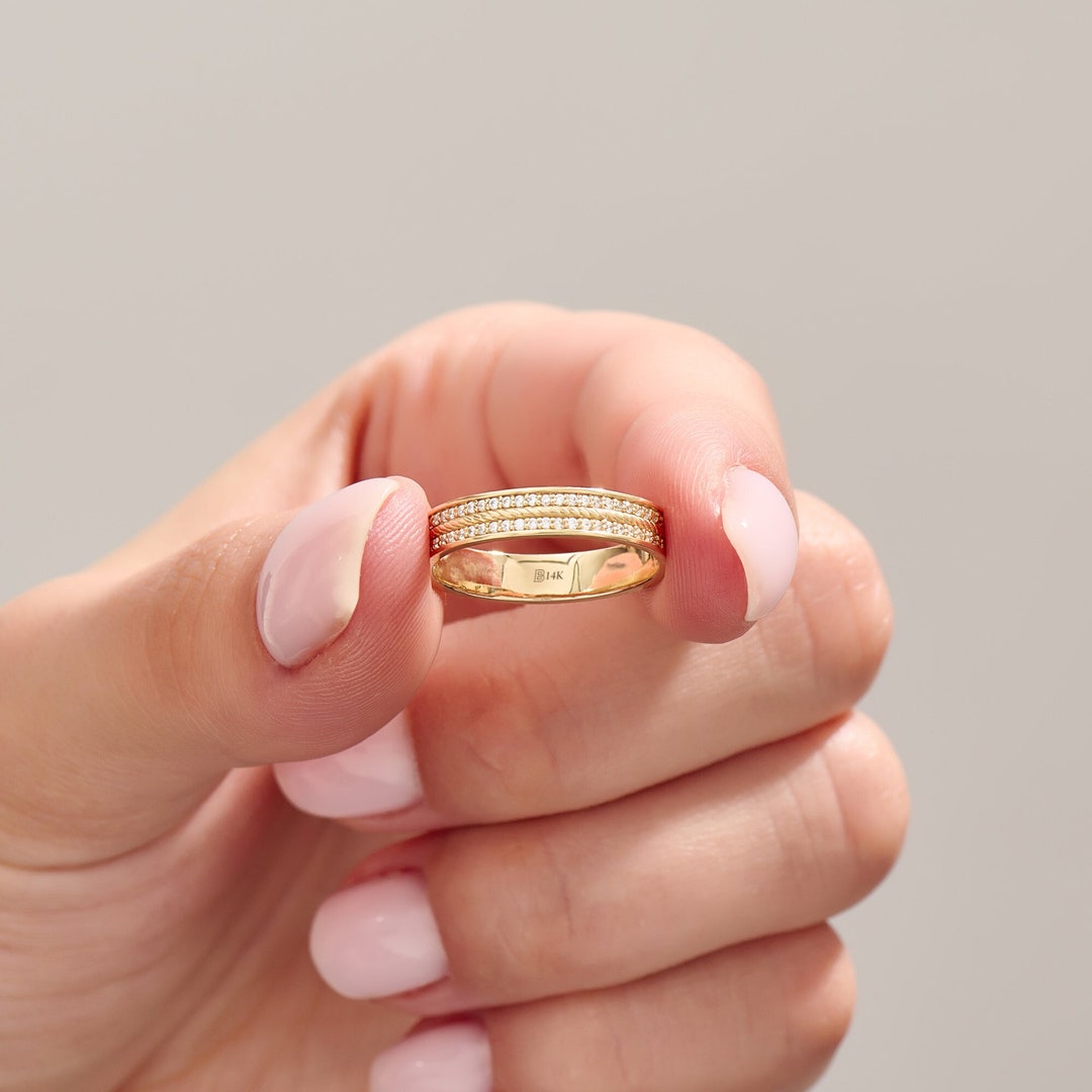 14K Solid Gold Two Row Wedding Band, Diamond Eternity Ring With Rope ...