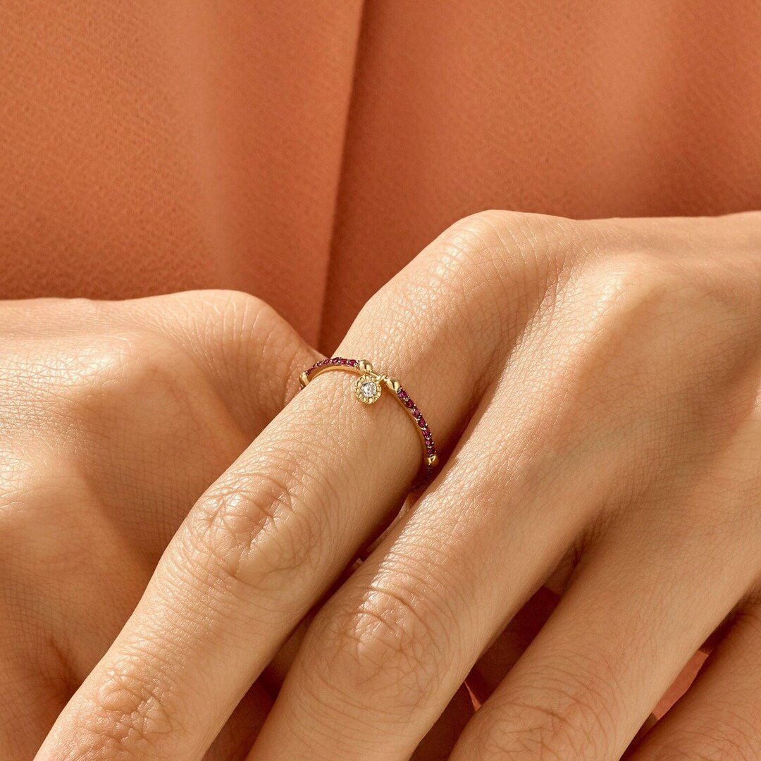 14k Personalized Tiny Dangle Charm Ring, Solid Gold Pink Band Midi Ring ...