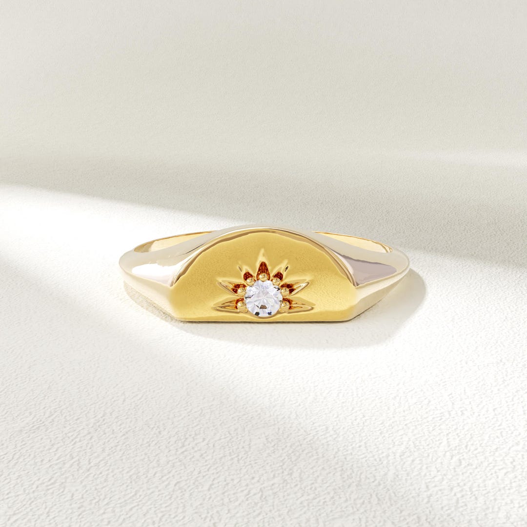 14k Gold Sun Signet Ring, Solid Gold Pinky Ring, Womens Dainty Sunshine ...