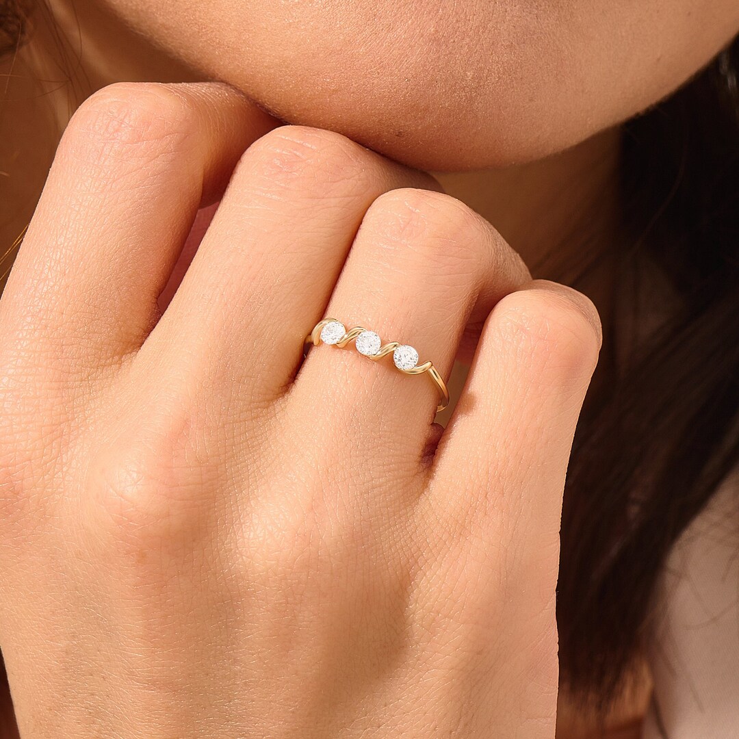 Three Stone Wedding Bandsolid Gold Stacking Rings for - Etsy