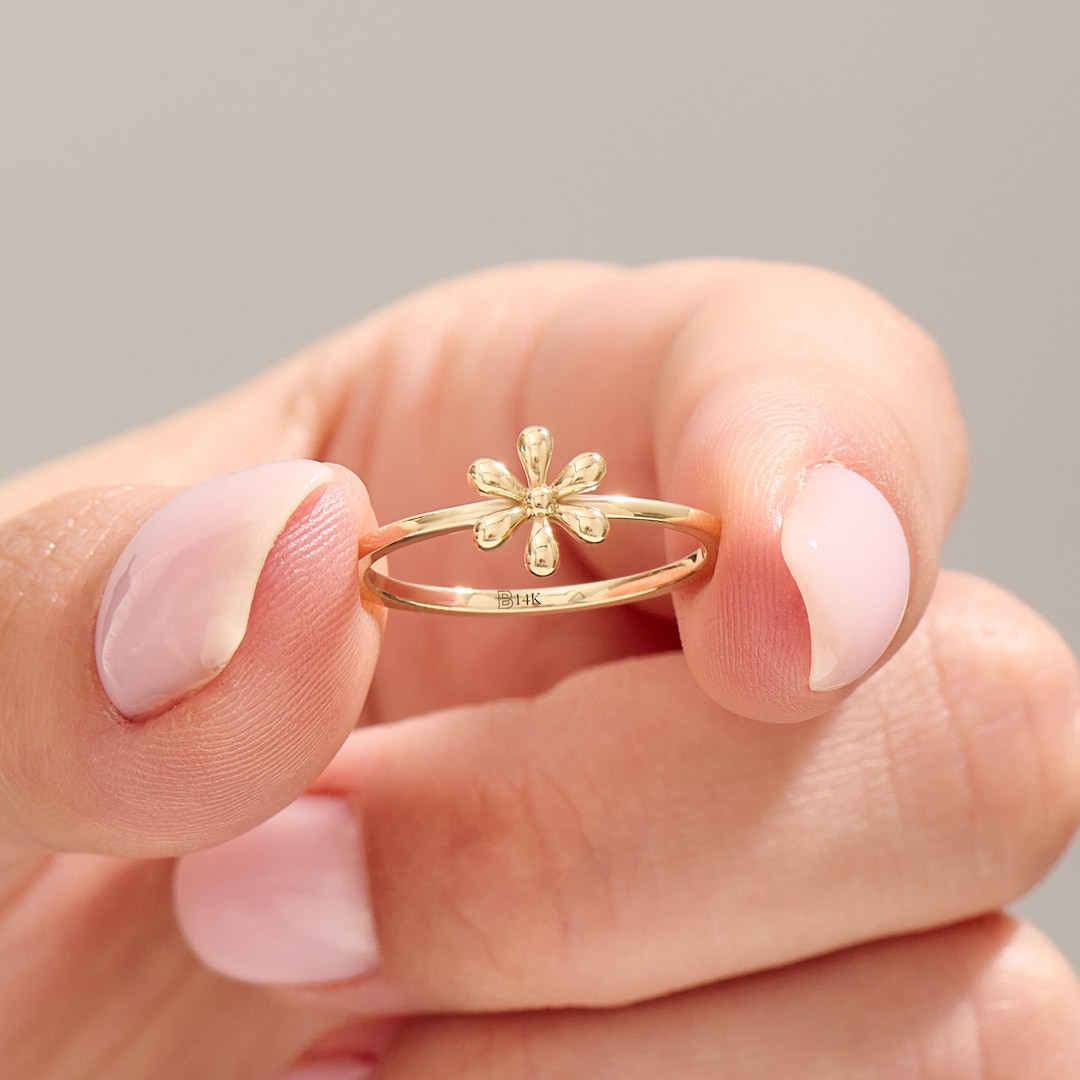 14k Gold Tiny Flower Promise Ring, Solid Gold Cute Engagement Ring ...