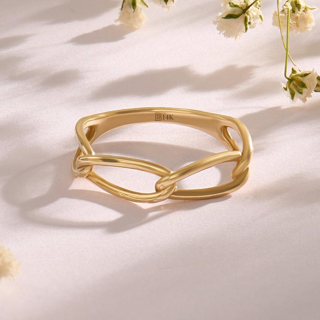14k Solid Gold Chain Link Ring – Minimalist Gold Band for Women ...