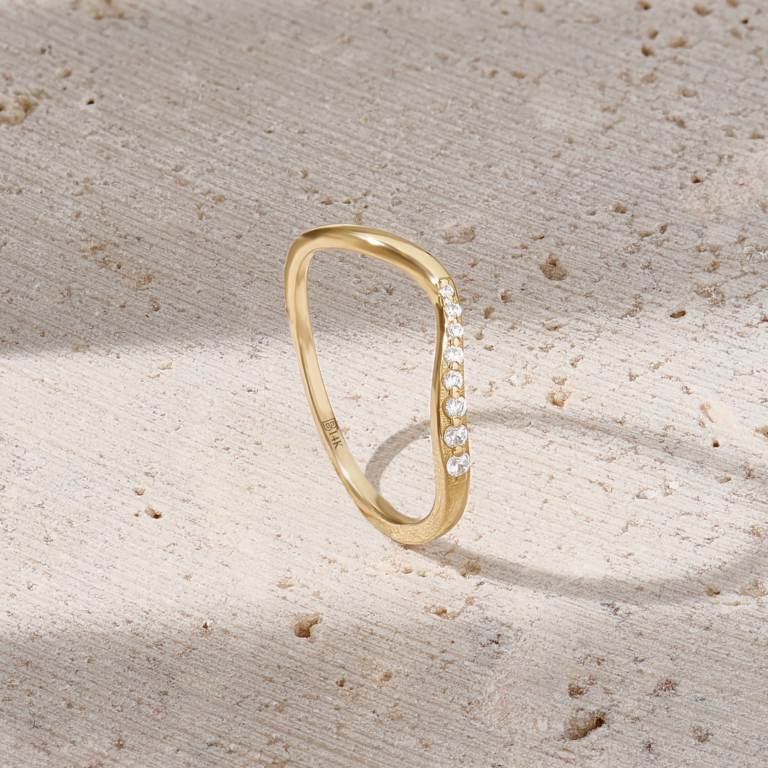 14kt Curved Wedding Band,solid Gold Wavy Ring, Pave Diamond Cz Ring ...