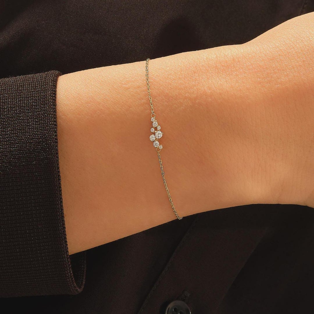 14K Solid Gold Cluster Bracelet, Dainty Chain Jewelry, Minimalist Wrist ...