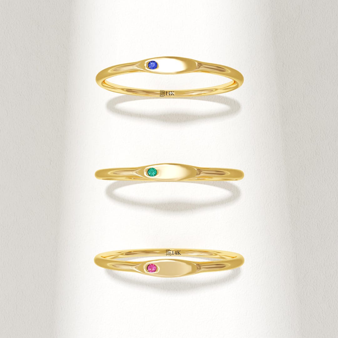 14k Solid Gold Tiny Birthstone Signet Ring for Women Ultra Thin Pinky ...