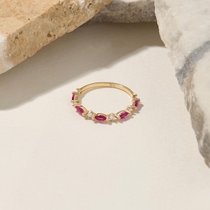 14k Solid Gold Ruby Ring, Dainty Stacking Ring, Marquise Ruby Band, Unique Stackable Ring, Half ...