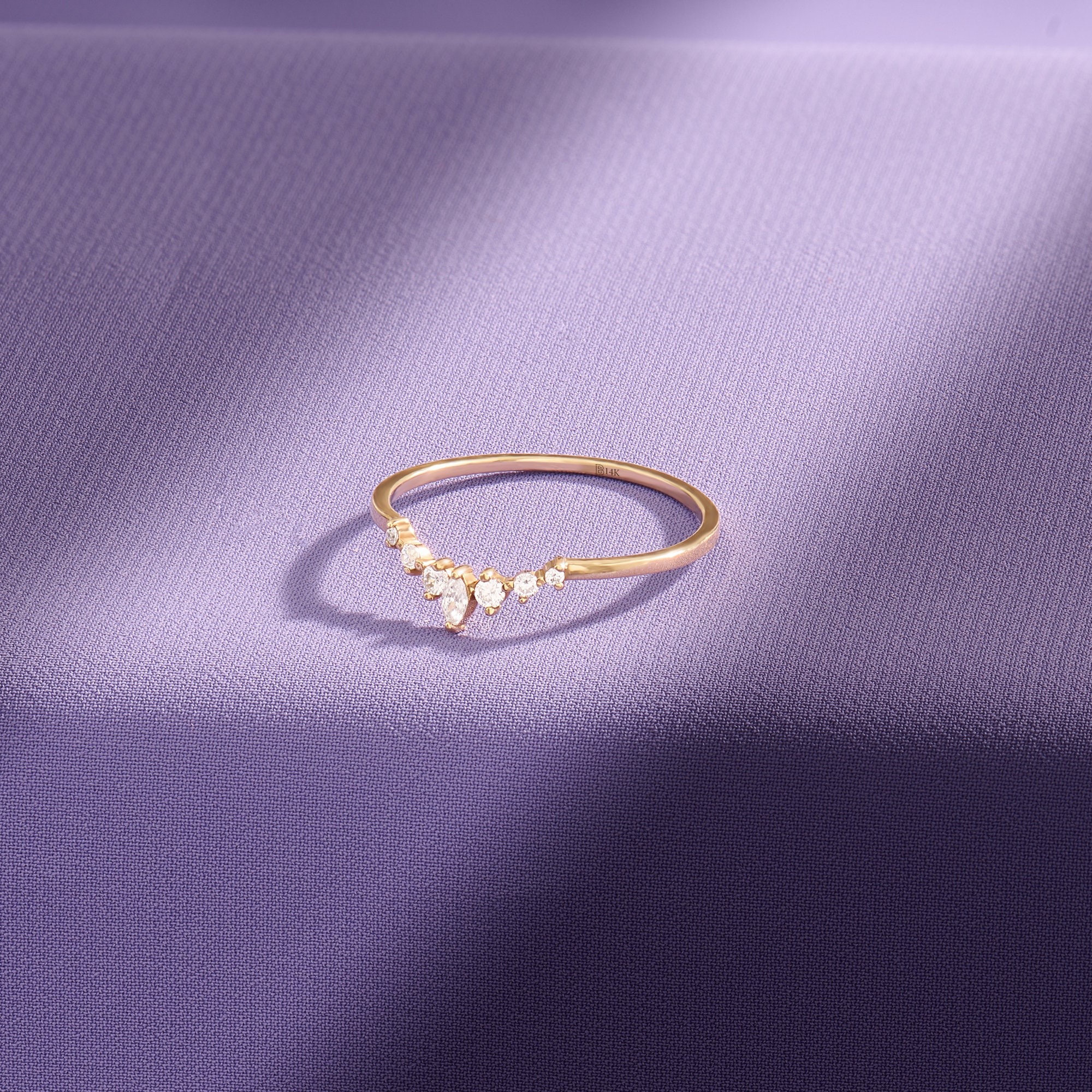 14K Solid Gold Curved Wedding Band, Tiara Contour Ring, Solitaire Ring ...