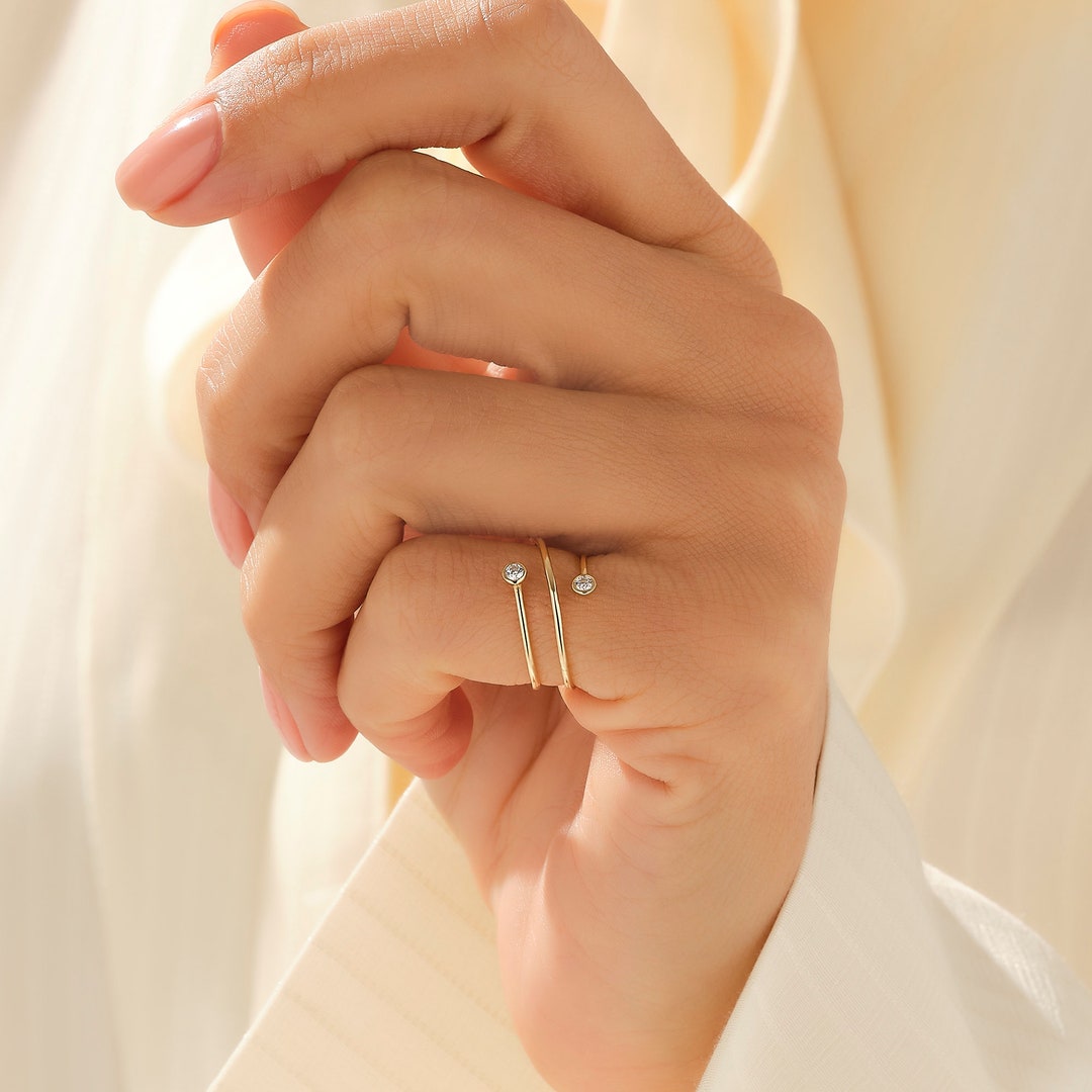 10K Solid Gold Spiral Bezel Ring Adjustable Wraparound Coil Band for Women Minimalist Thin Open ...