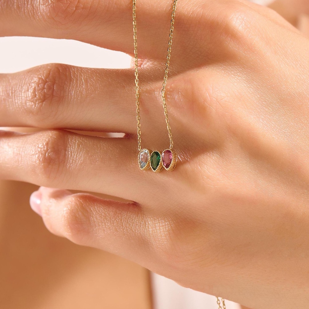 14K Solid Gold Family Birthstone Necklace With Pear Cut Stones Custom ...