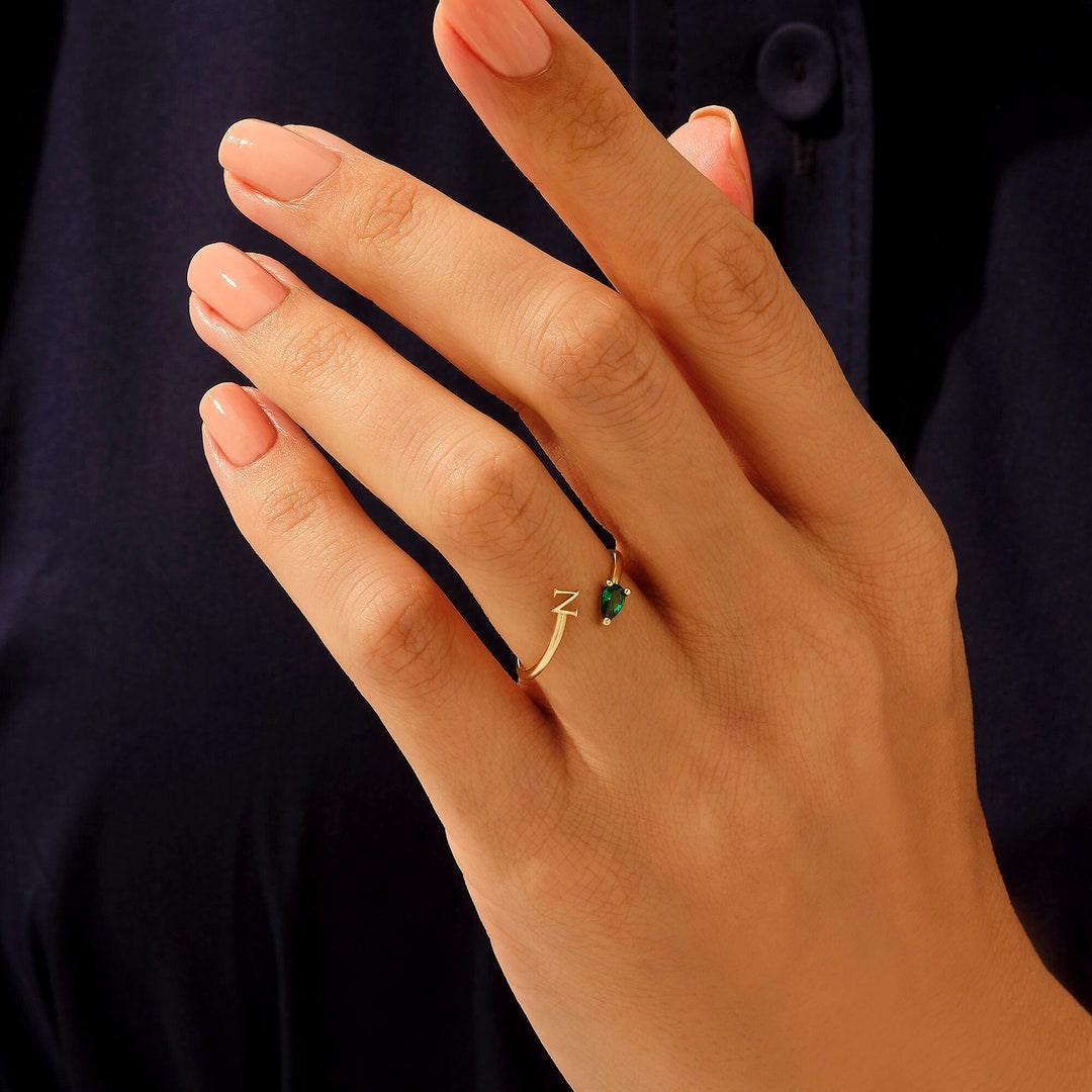 Solid Gold Birthstone Initial Ring, 14k Gold Custom Letter Ring, Personalized Rings, Dainty ...