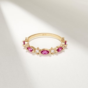 14k Solid Gold Ruby Ring, Dainty Stacking Ring, Marquise Ruby Band, Unique Stackable Ring, Half ...