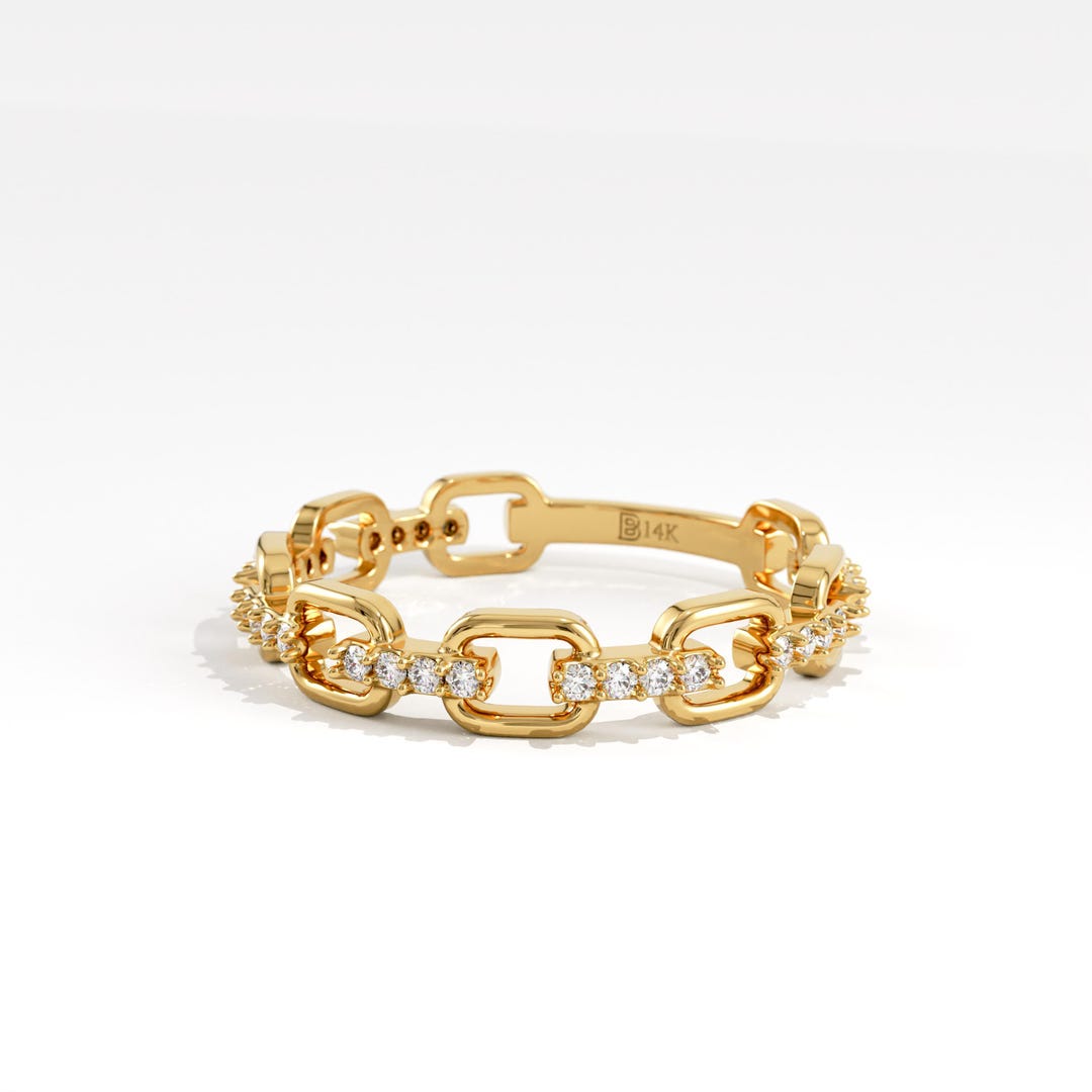 14K Solid Gold Chain Ring for Women – Diamond Stacking Band, 18K Gold ...