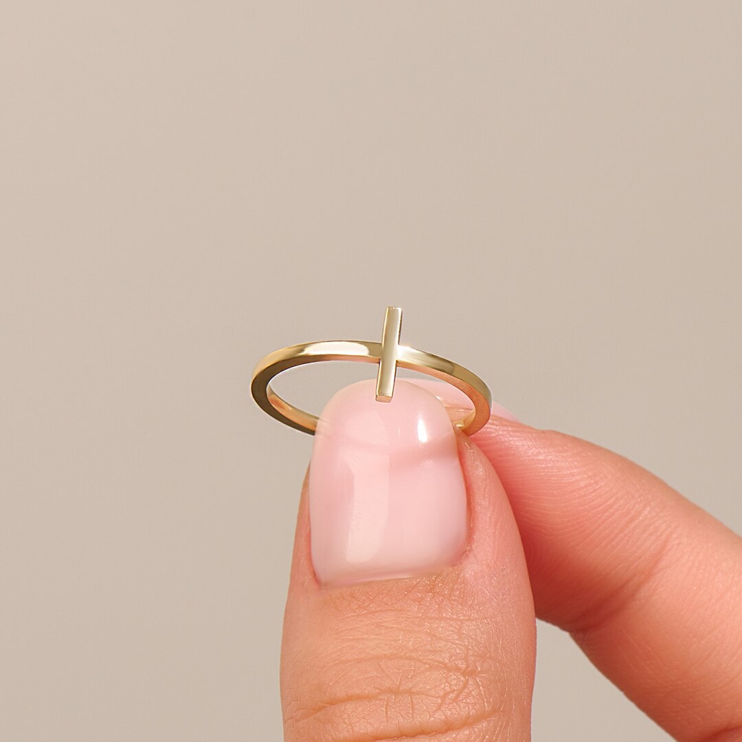 Small Plain Cross Ring, 14k Solid Gold Sideways Cross Ring, Minimalist ...
