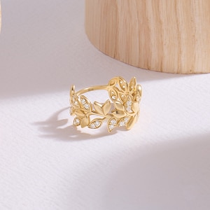 Solid Gold Olive Branch Ring 14k Gold Flower Wedding Ring for Women Thick Band Laurel Ring With ...