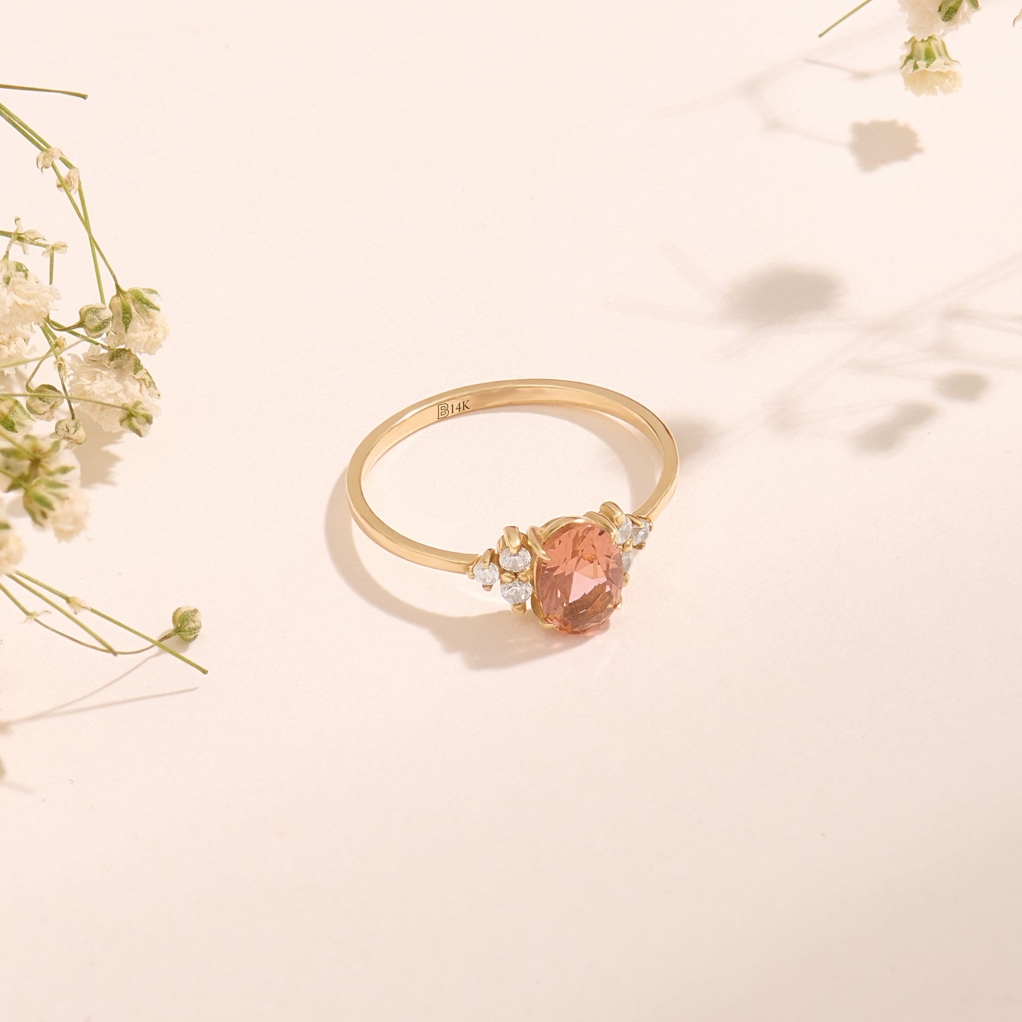 14K Solid Gold Padparadscha Sapphire Ring, Oval Peach Sapphire ...