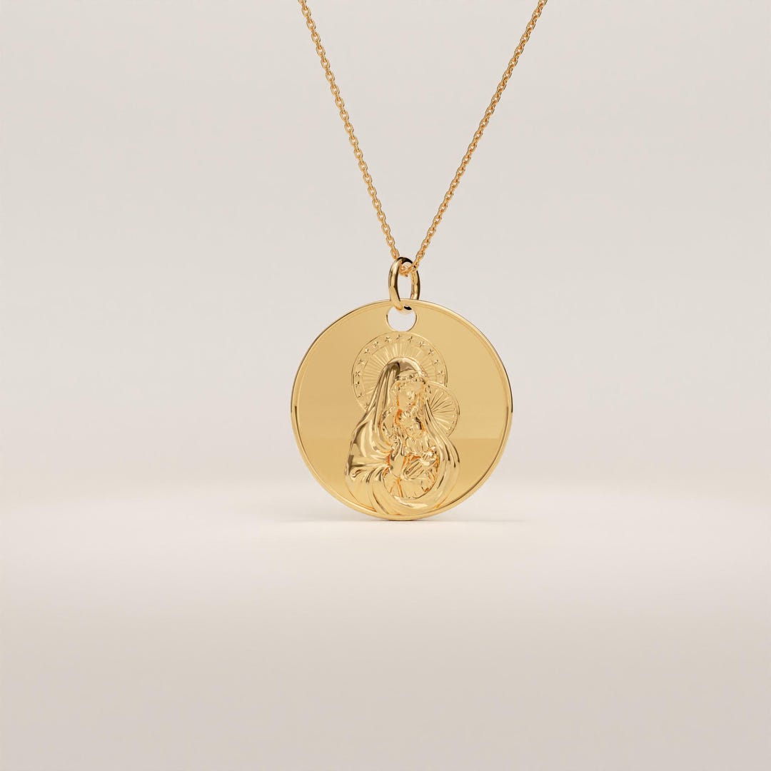 Solid Gold Mary and Jesus Pendant 14k Real Gold Virgin Mary Coin ...