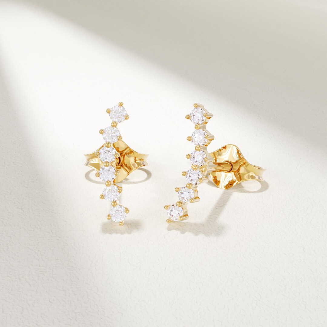 14k Solid Gold Curvy Line Pave Earrings – Minimalist Thin Studs for ...