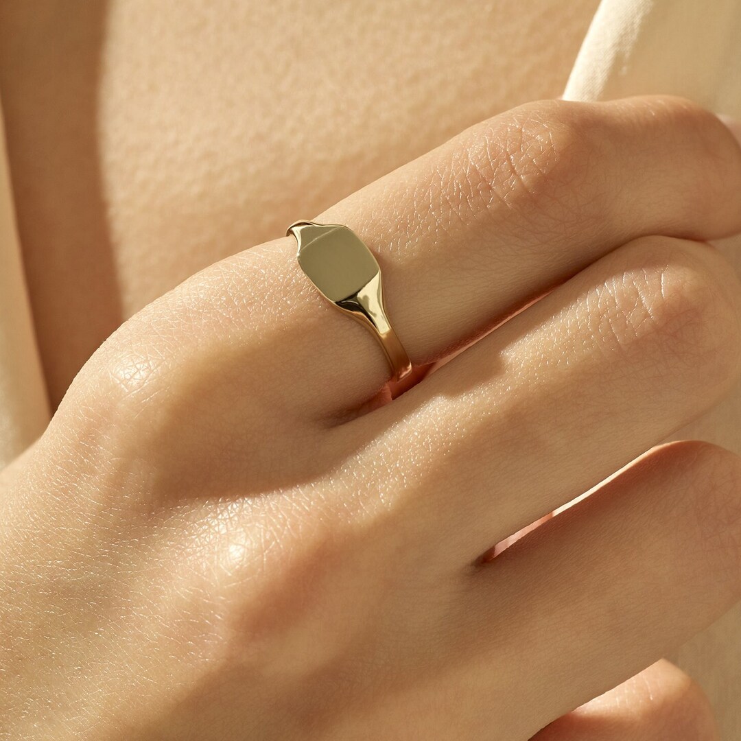 Solid Gold Square Signet Ring 14k Gold Engraved Pinky Ring for Men Women Personalized Initial ...
