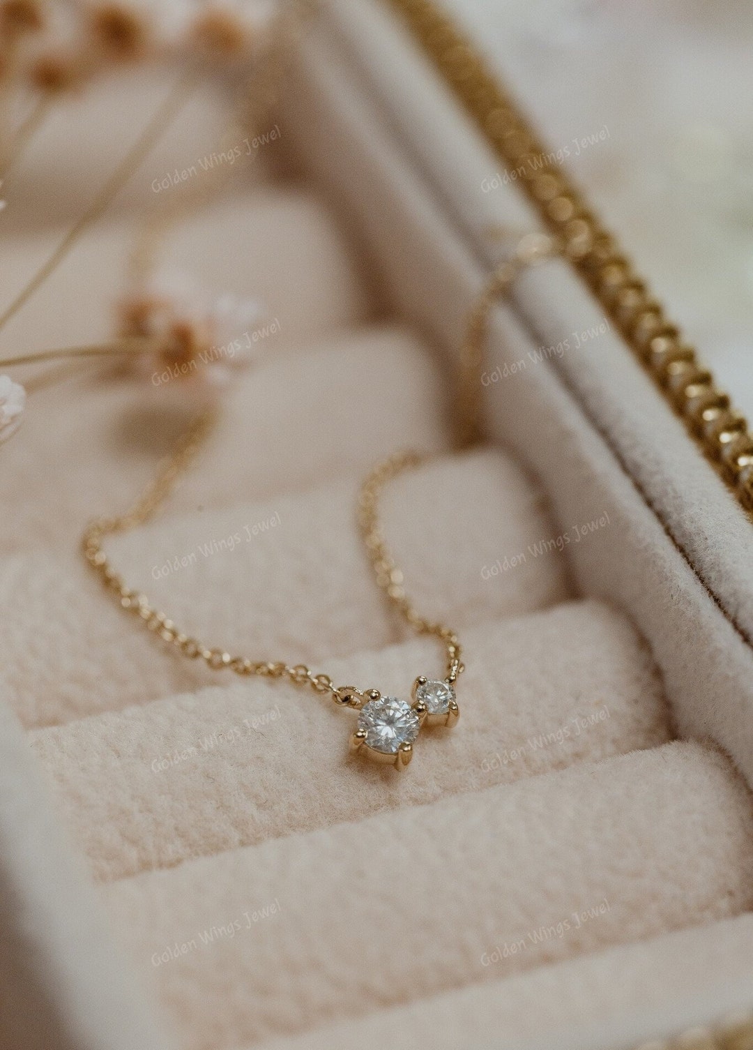 Solid Gold Two Stone Moissanite Diamond Necklace, Two Stone Diamond ...