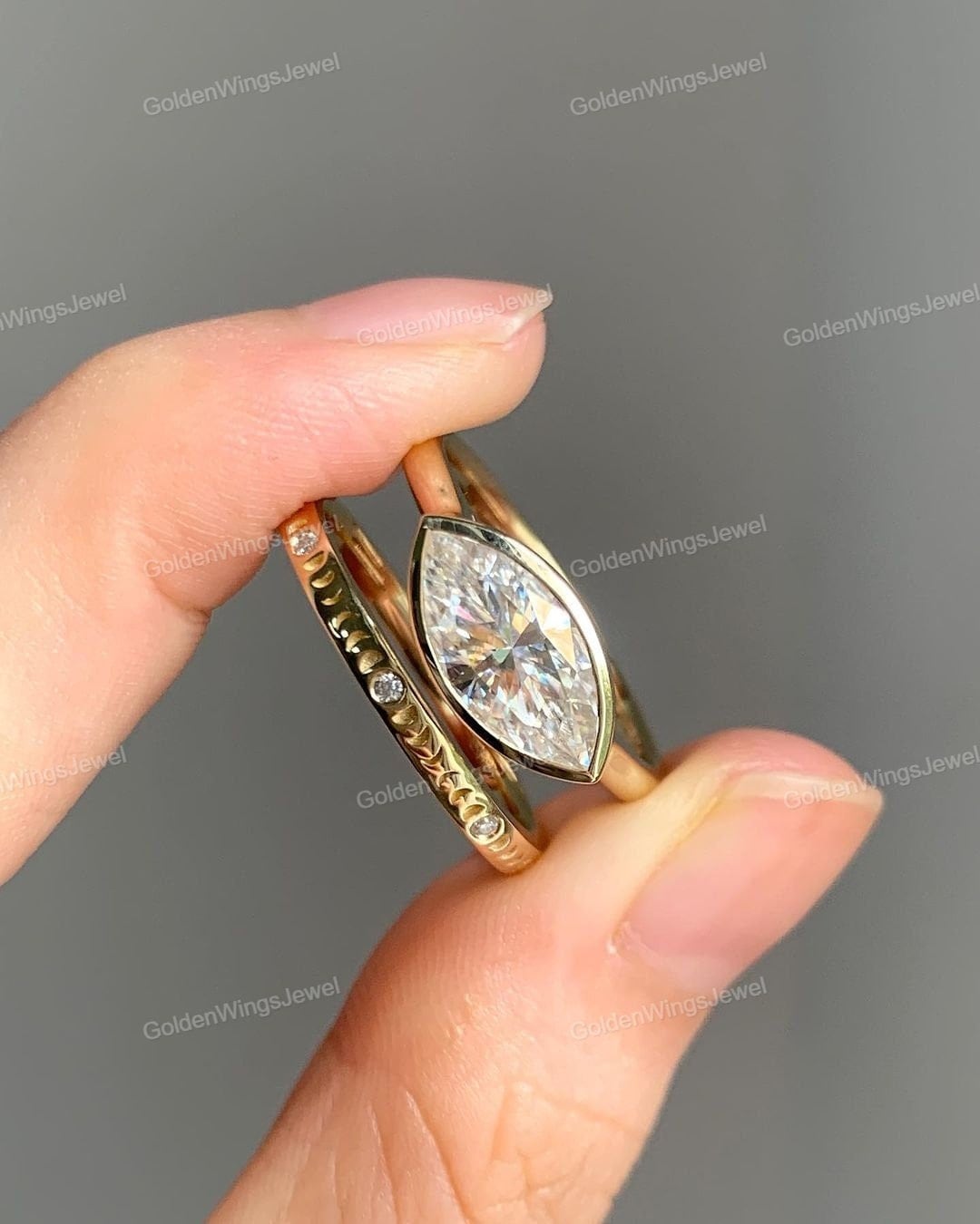 East West Marquise Cut Moissanite Full Bezel Solitaire Ring, 10K Solid ...