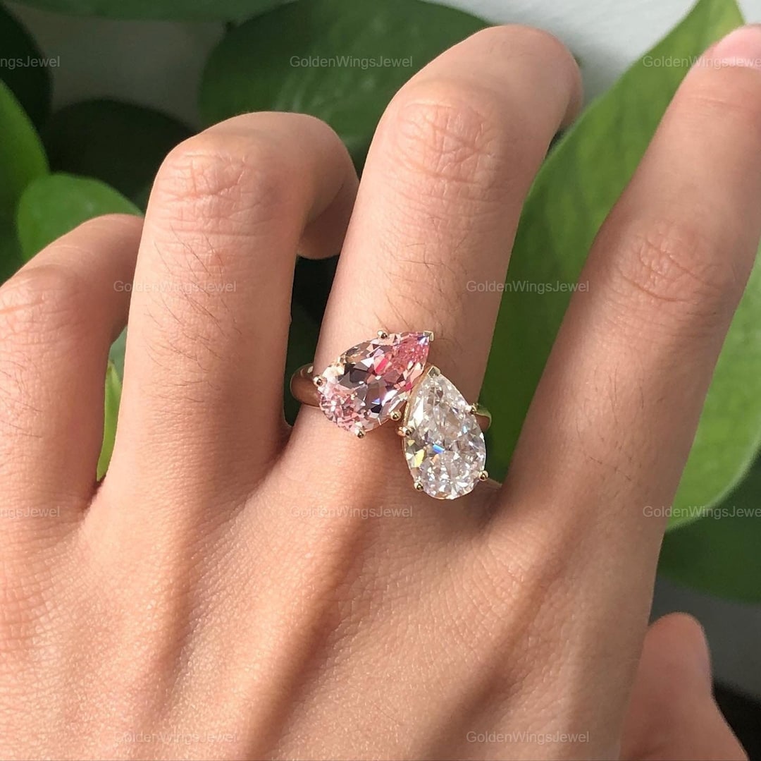 Toi Et Moi Pear Moissanite & Pear Pink Sapphire Engagement Ring for ...