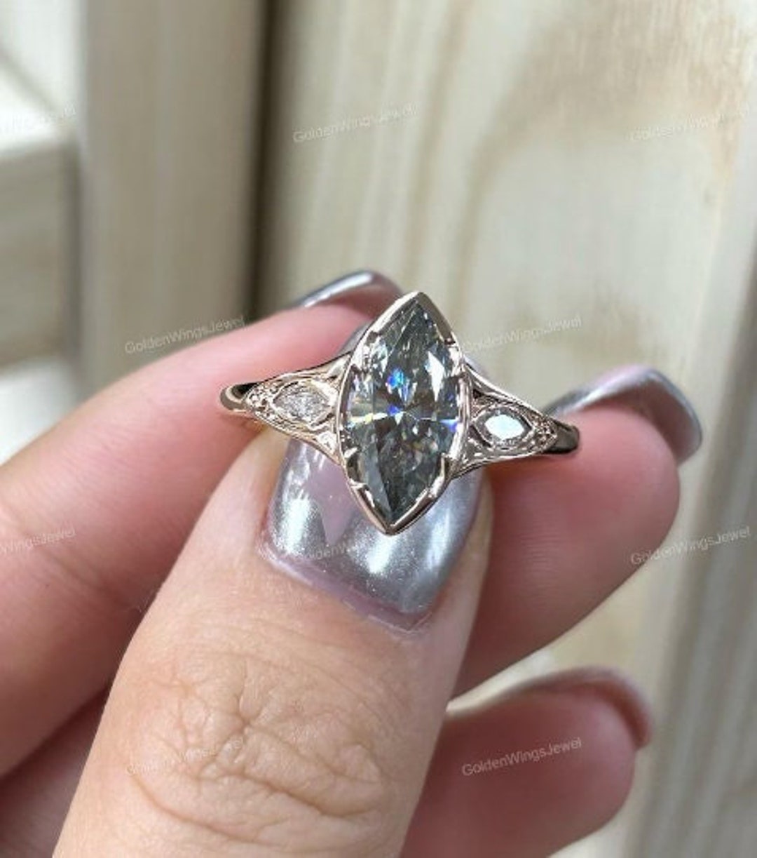 Grey Marquise Cut Moissanite Engagement Ring, Unique Bezel Set Weeding ...
