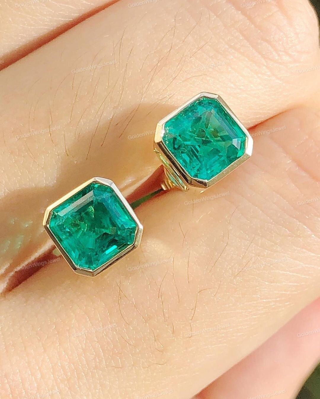 Lab Emerald Asscher Cut Engagement Earring Bezel Set Wedding Earring ...
