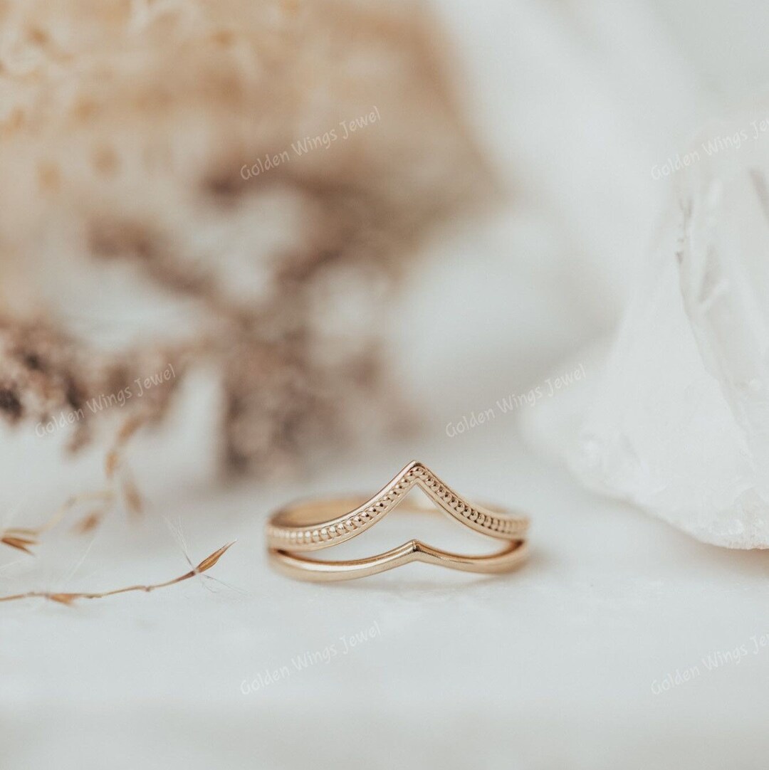 Split Band V Shape Matching Wedding Band for Her, Stackable Wedding ...