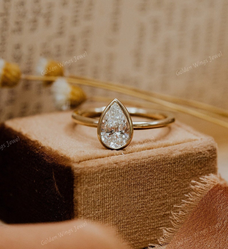 Bezel Set Pear Moissanite Ring, 1.5CT Pear Solitaire Engagement Ring ...