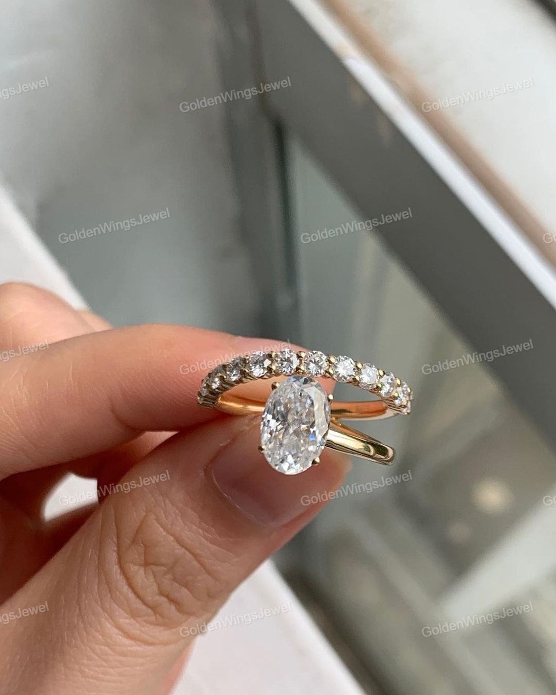Oval Cut Moissanite Crossover Engagement Ring, Open Cuff Dual Shank ...