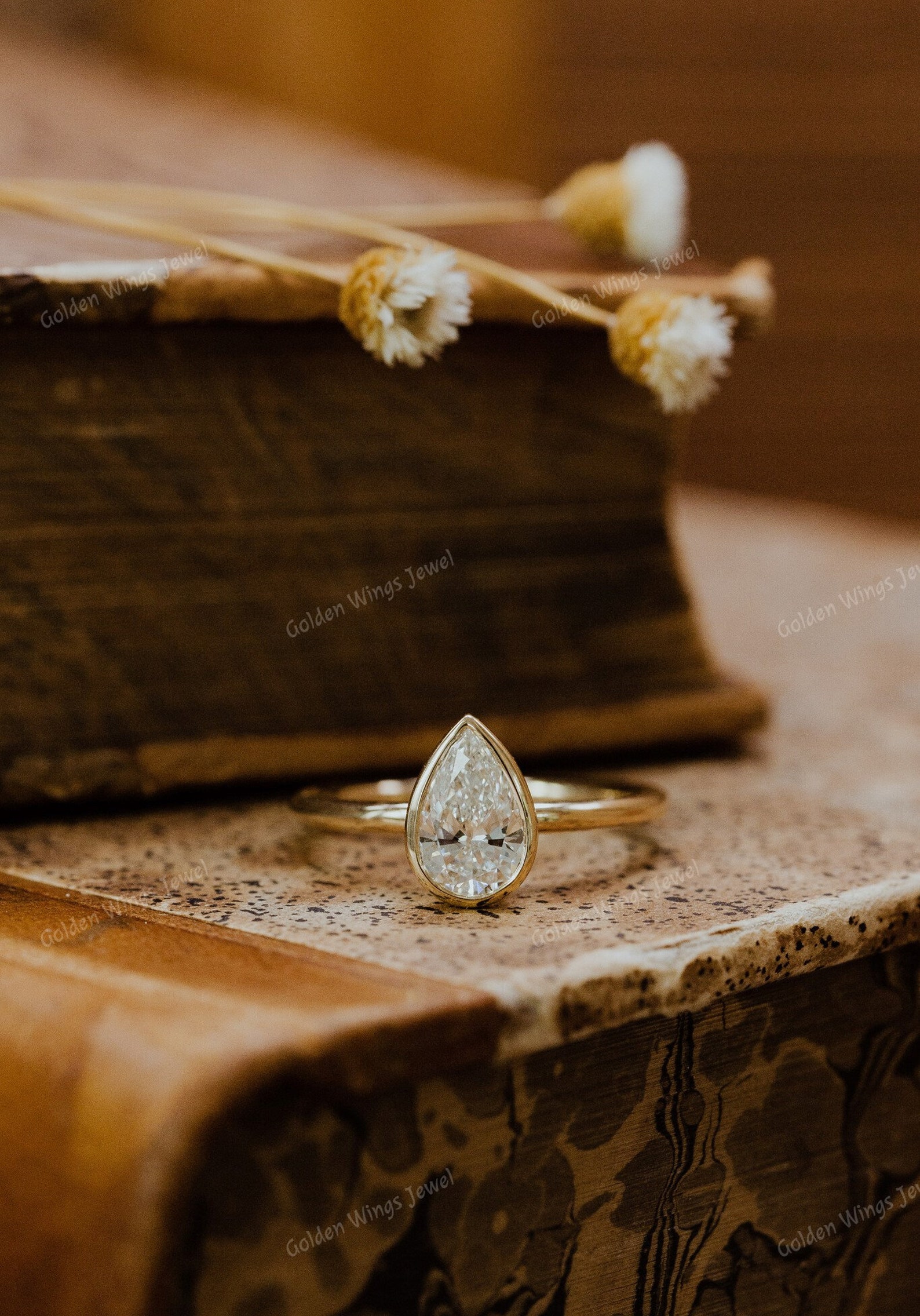 Bezel Set Pear Moissanite Ring, 1.5CT Pear Solitaire Engagement Ring ...