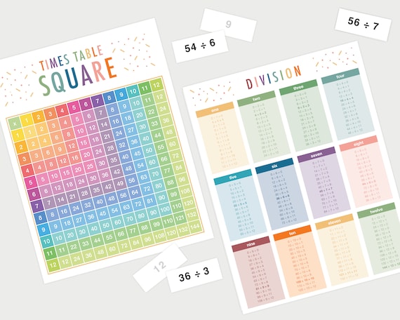 Division Flash Cards and Number Chart Time Tabled Square | Etsy
