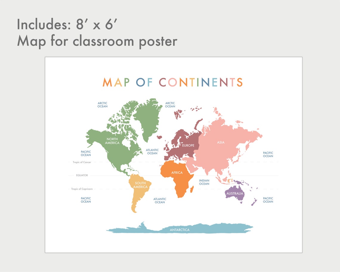 Filled Large Continent Map for Classroom || World Map Printable ...
