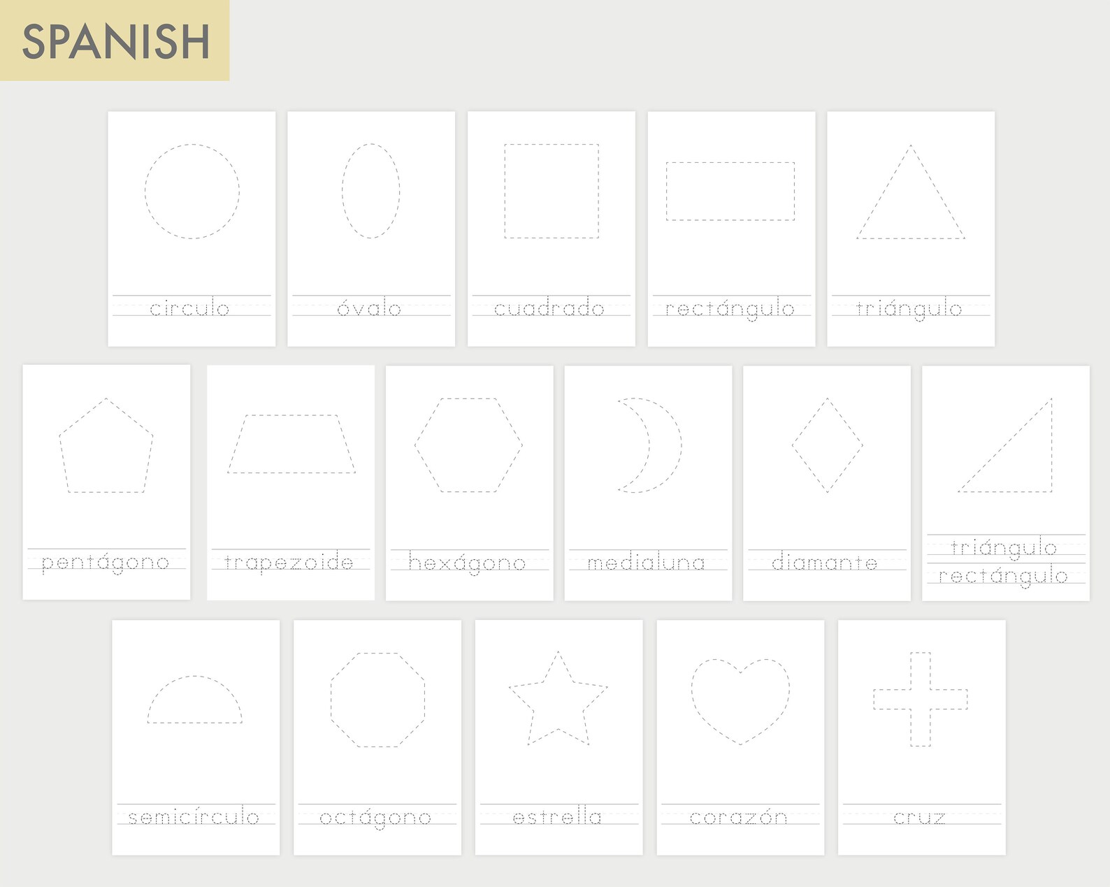 Traceable Spanish Shape and Word | Montessori Flashcards | Spanish ...