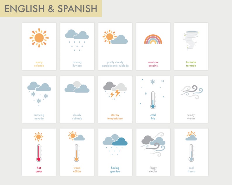Weather Flashcards | English and Spanish Bilingual Weather Flashcards ...