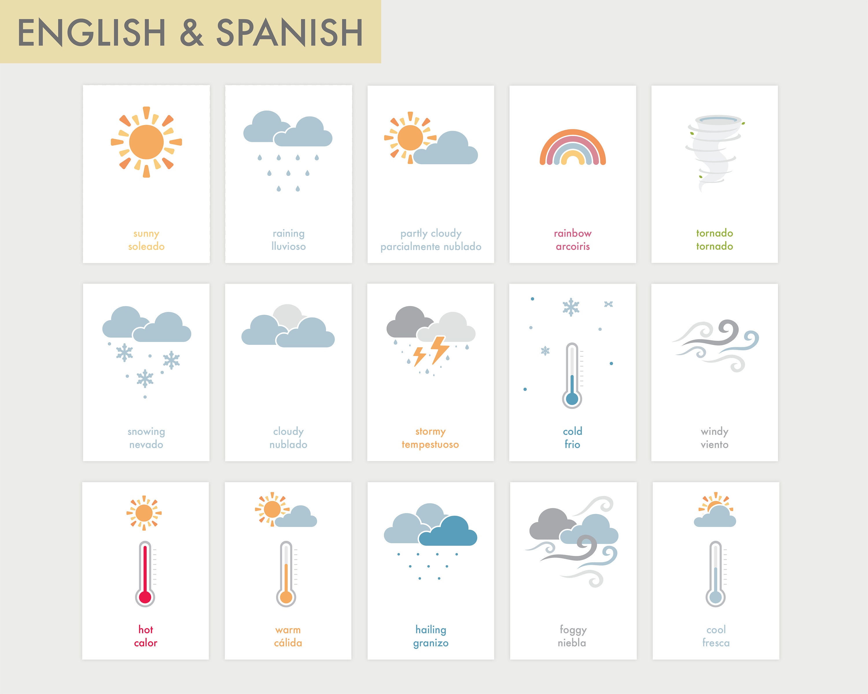 Weather Flashcards | English and Spanish Bilingual Weather Flashcards ...