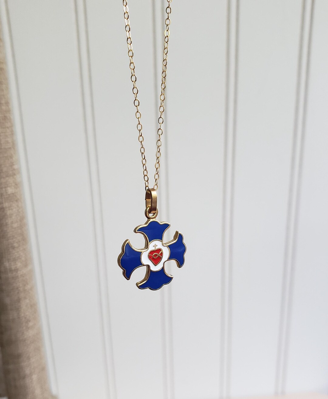 French Jesus Sacred Heart Fleury Cross Medal Necklace, Enamel, 18" Gold ...