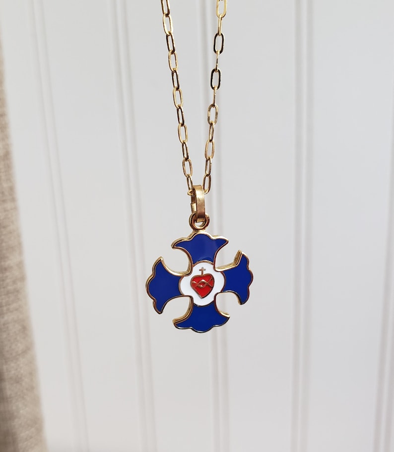 French Jesus Sacred Heart Fleury Cross Medal Necklace, Enamel, 18" Gold ...
