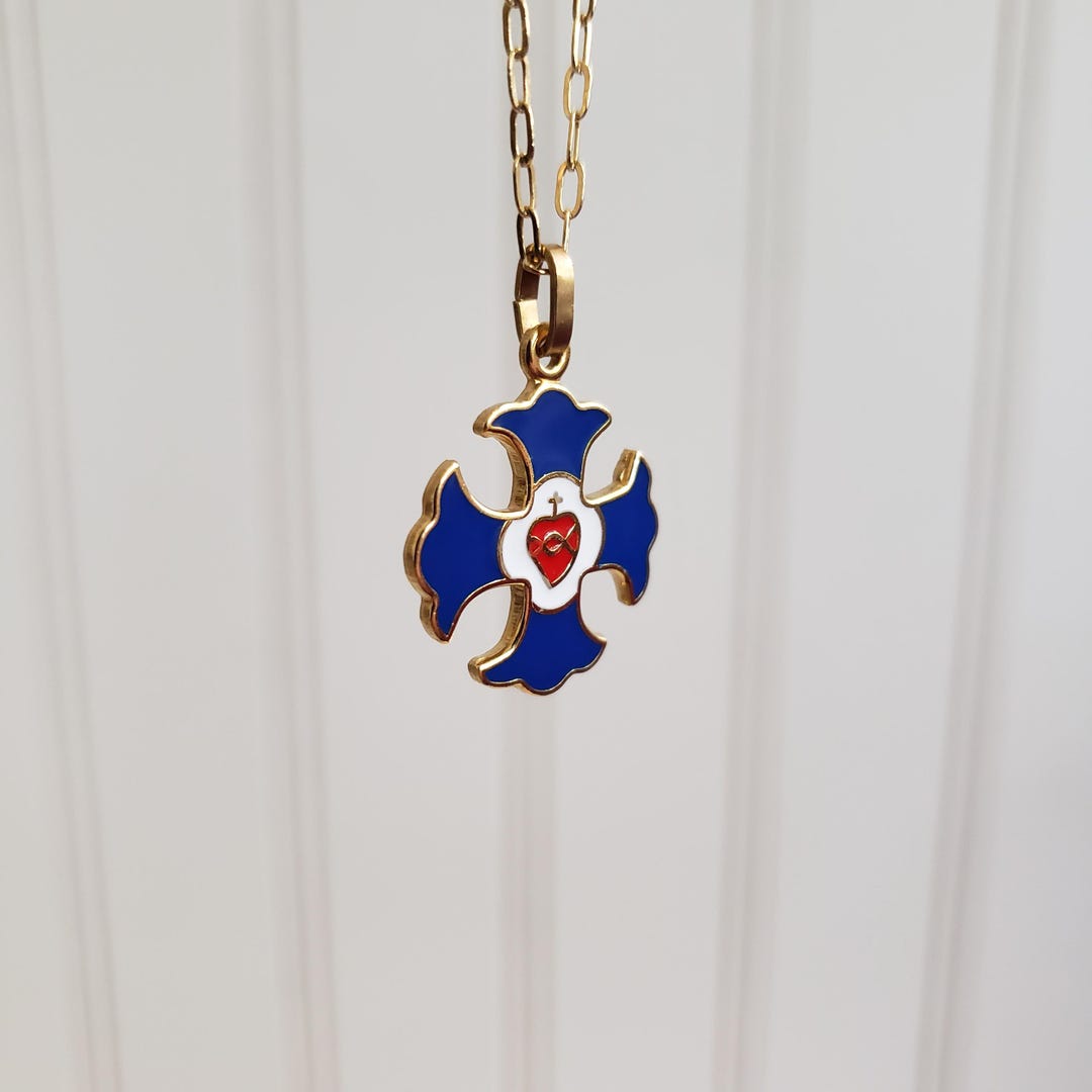 French Jesus Sacred Heart Fleury Cross Medal Necklace, Enamel, 18" Gold ...